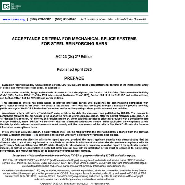 AC133 Mechanical Splice Systems for Steel Reinforcing Bars - Published April 2025 (PDF Download)