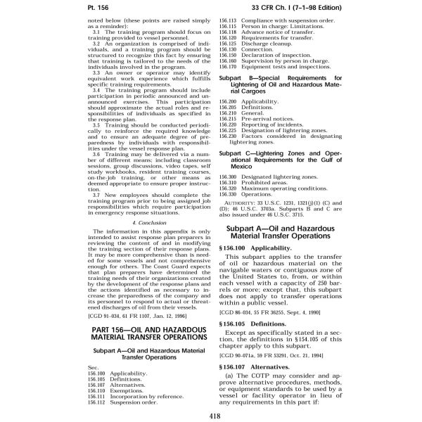 33 CFR Part 156 (1998) - Oil and Hazardous Material Transfer Operations ...
