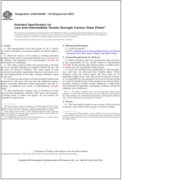 ASTM A 283/A 283M—03(2007) Specification for Low and Intermediate Tensile Strength Carbon Steel ...
