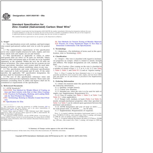 ASTM A 641/A 641M—09a Specification for Zinc-coated (Galvanized) Carbon ...