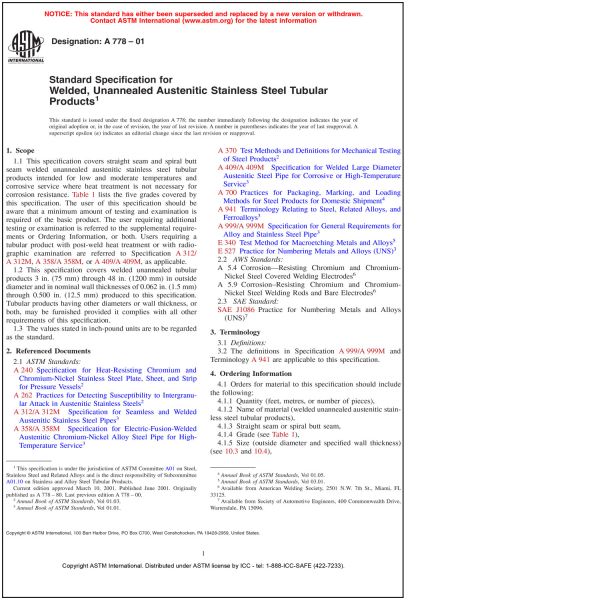 ASTM A 778—01 Specification for Welded Unannealed Austenitic Stainless Steel Tubular Products ...