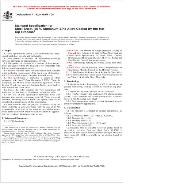 ASTM A 792/A 792M—08 Specification for Steel Sheet, 55% Aluminum-zinc ...