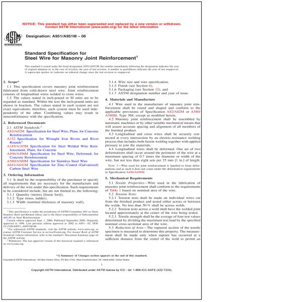 ASTM A 951–06 Specification for Steel Wire Masonry Joint Reinforcement ...