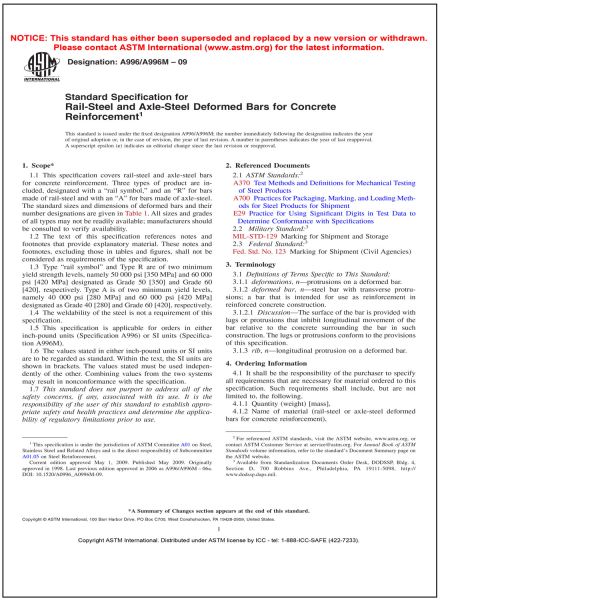 ASTM A 996/A 996M—09 Specification for Rail-steel and Axel-steel Deformed Bars for Concrete ...