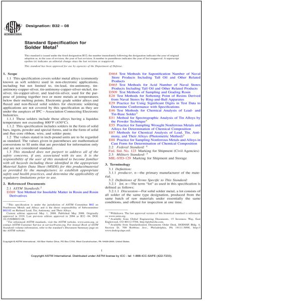 ASTM B 32—08 Specification for Solder Metal (PDF Download)