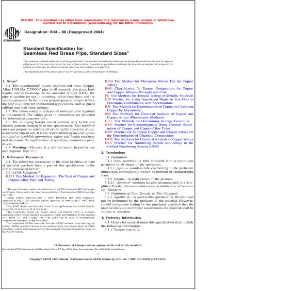 ASTM B 43—98 (2004) Specification for Seamless Red Brass Pipe, Standard ...