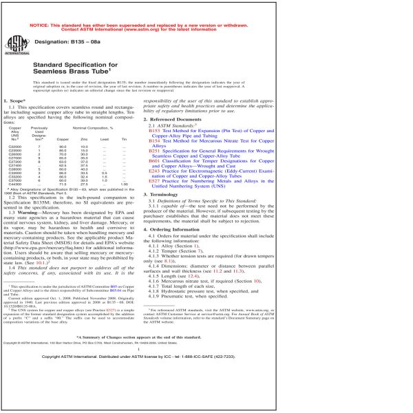 ASTM B 135—08a Specification for Seamless Brass Tube (PDF Download)