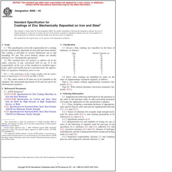 Astm B 695—04 Standard Specification For Coatings Of Zinc Mechanically 