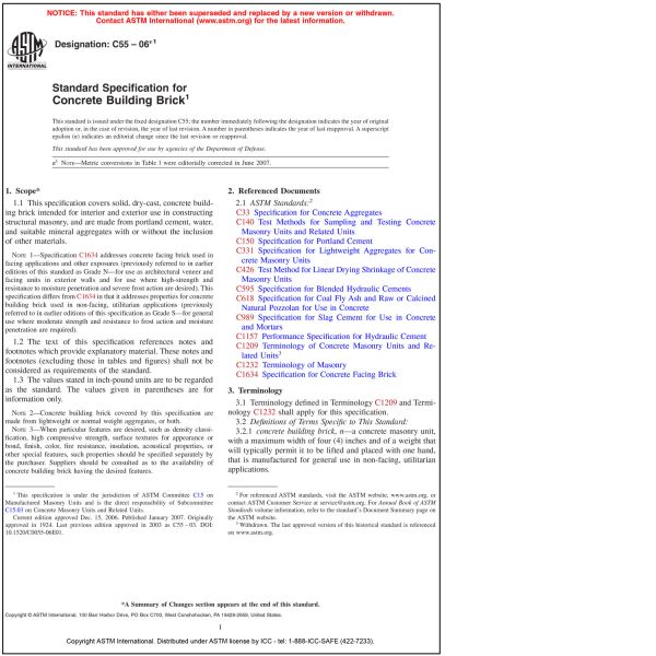 ASTM C 55—06e01 Specification for Concrete Building Brick (PDF Download)