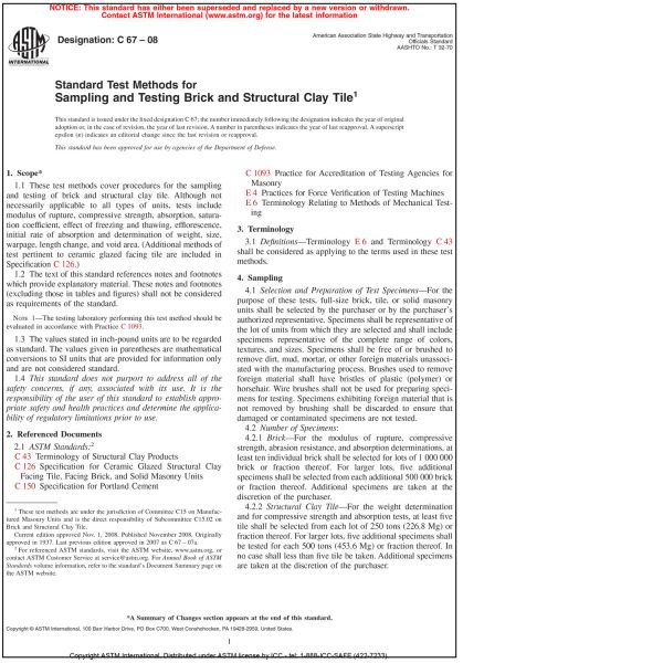 ASTM C 67—08 Test Methods of Sampling and Testing Brick and Structural ...