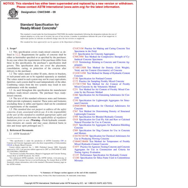 ASTM C 94/C 94M—09 Specification for Ready-Mixed Concrete (PDF Download)