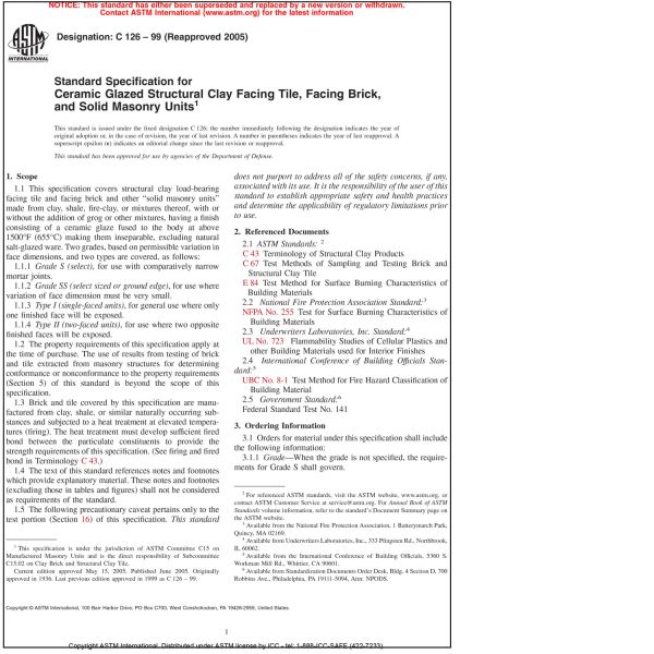 ASTM C 126—99 (2005) Specification for Ceramic Glazed Structural Clay ...