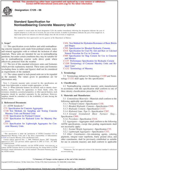 ASTM C 129—06 Specification for Nonload-bearing Concrete Masonry Units (PDF Download)