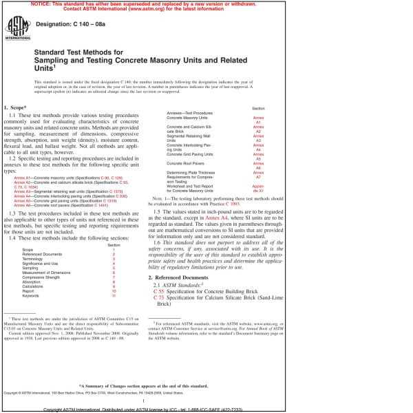 ASTM C 140—08a Test Method Sampling and Testing Concrete Masonry Units ...