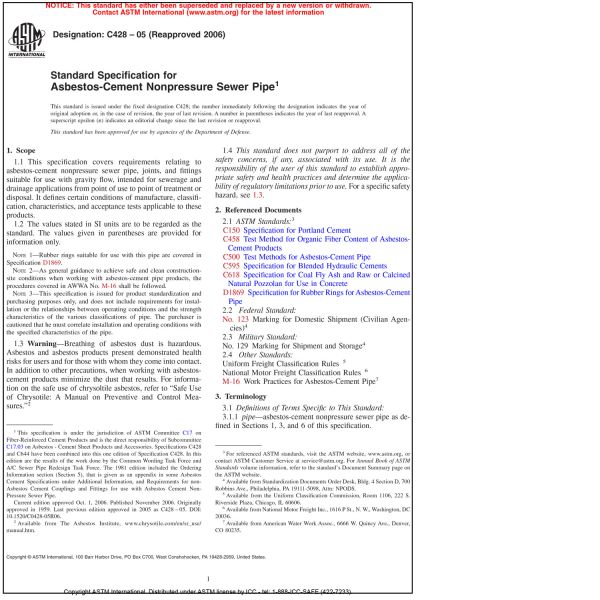Astm C 428—05 2006 Specification For Asbestos‑cement Nonpressure