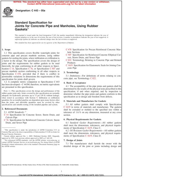 ASTM C 443—05a Specification for Joints for Circular Concrete Sewer and ...