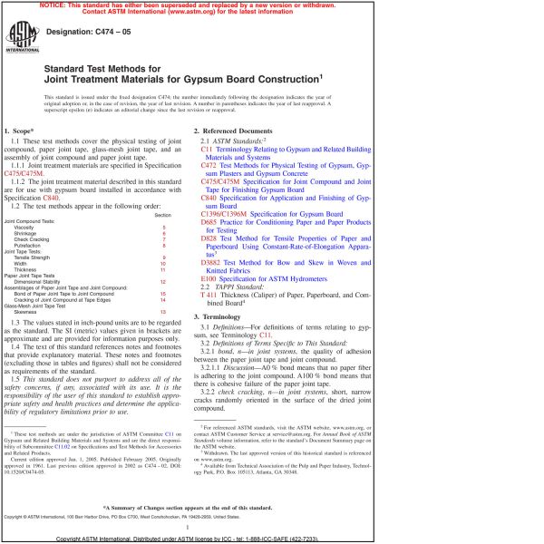 ASTM C 474—05 Test Methods for Joint Treatment Materials for Gypsum ...