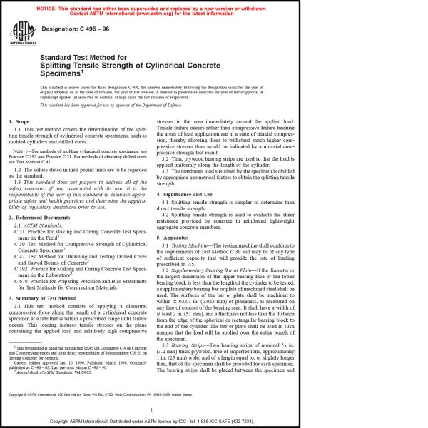 ASTM C 496-96 Standard Test Method for Splitting Tensile Strength of ...