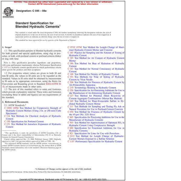 ASTM C 595—08a Specification for Blended Hydraulic Cements (PDF Download)