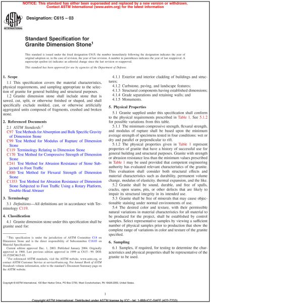 ASTM C 615—03 Specification for Granite Dimension Stone (PDF Download)
