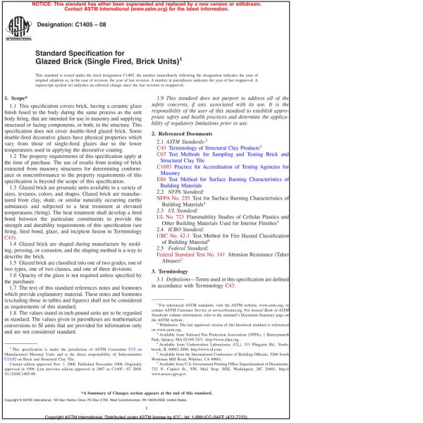 ASTM C 1405—08 Standard Specification for Glazed Brick (Single Fired ...