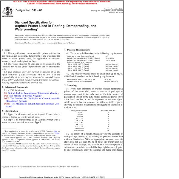 ASTM D 41—05 Specification for Asphalt Primer Used in Roofing, Dampproofing and Waterproofing ...
