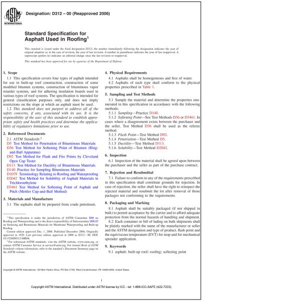 ASTM D 312—00 (2006) Specification for Asphalt Used in Roofing (PDF ...