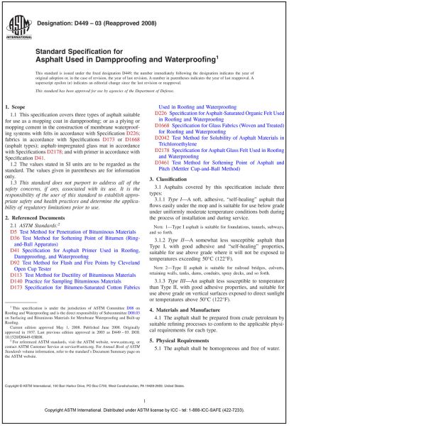 ASTM D 449–03 (2008) Specification for Asphalt Used in Dampproofing and ...