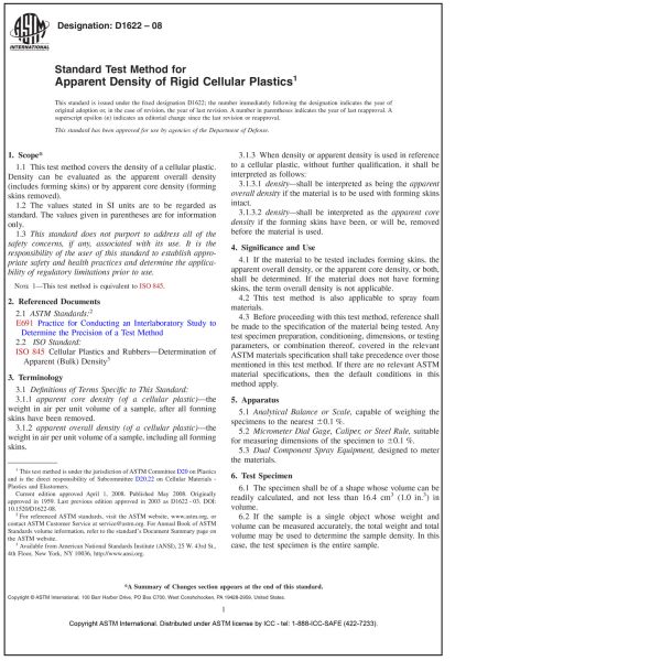 ASTM D 1622—08 Standard Test Method for Apparent Density of Rigid ...