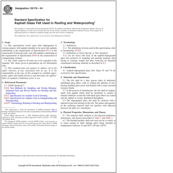 ASTM D 2178—04 Specification for Asphalt Glass Felt Used in Roofing and Waterproofing (PDF Download)