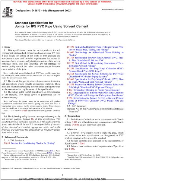 ASTM D 2672—96a (2003) Specification for Joints for IPS PVC Pipe Using ...
