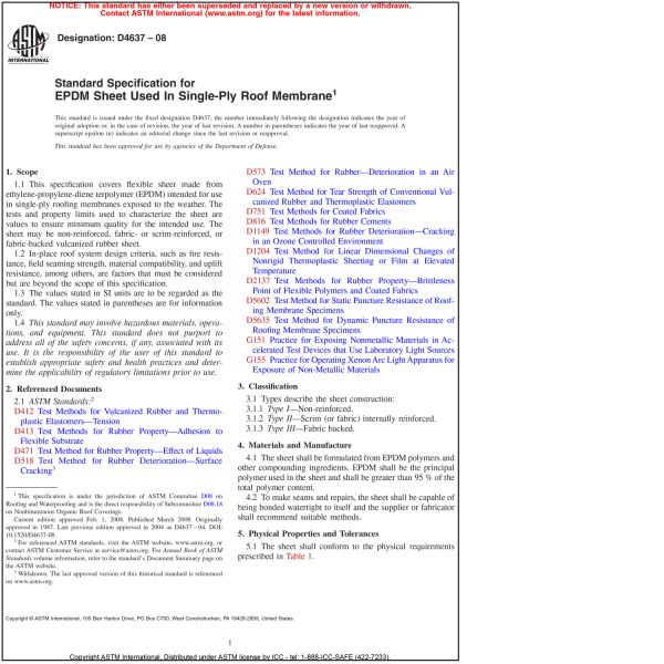 ASTM D 4637—08 Specification for EPDM Sheet Used in Single-ply Roof ...