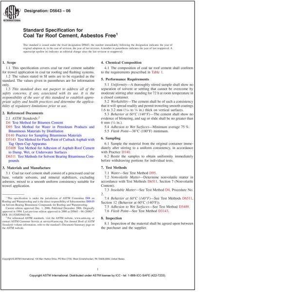 ASTM D 5643—06 Specification for Coal Tar Roof Cement, Asbestos-free ...