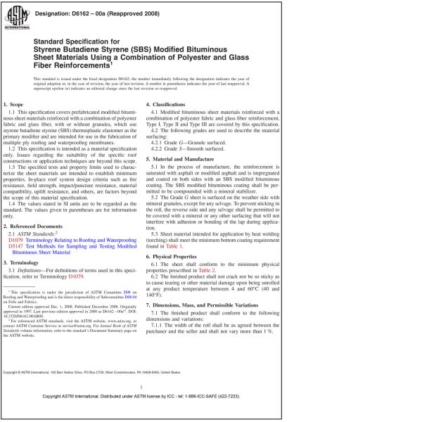 ASTM D 6162—00A (2008) Specification for Styrene-butadiene-styrene (SBS ...