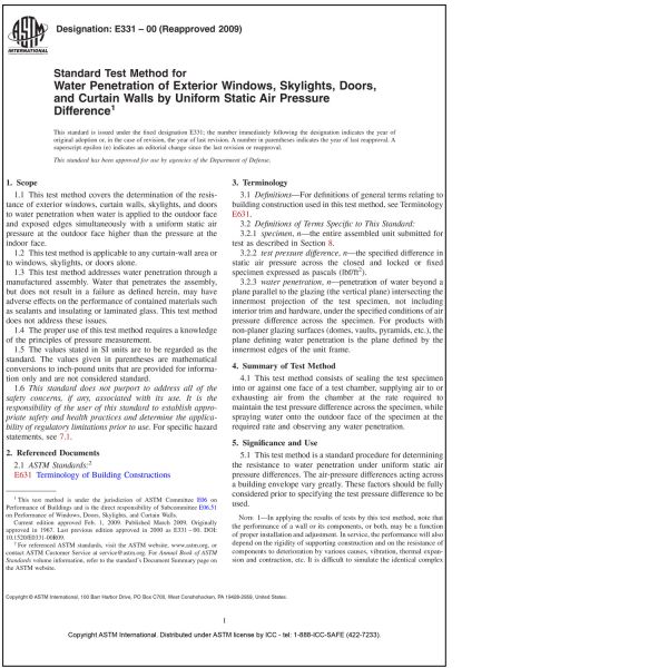 ASTM E 331—00 (2009) Test Method for Water Penetration of Exterior ...