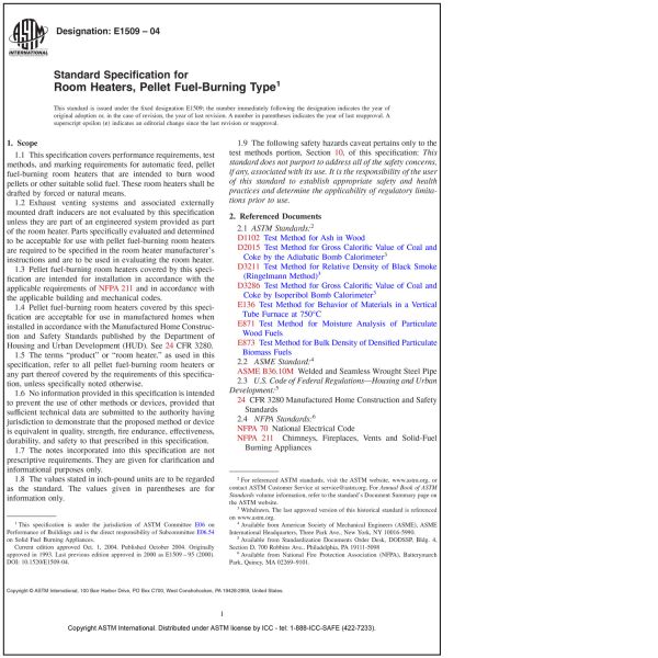 ASTM E 1509—04 Specification for Room Heaters, Pellet Fuel-burning Type ...