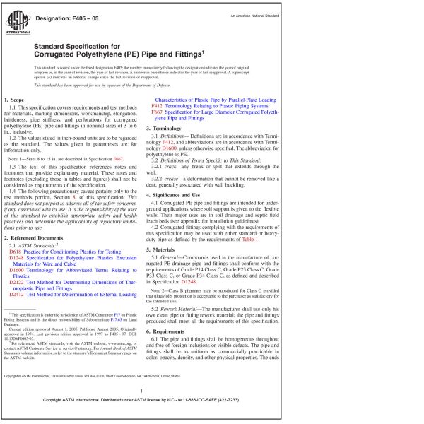 ASTM F 405—05 Specification for Corrugated Polyethylene (PE) Pipe and ...