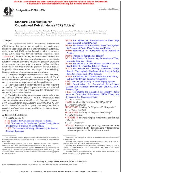 ASTM F 876—08b Specification for Cross-linked Polyethylene (PEX) Tubing ...