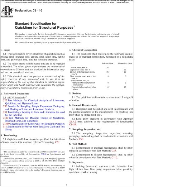 ASTM C5—10 Standard Specification for Quicklime for Structural Purposes ...