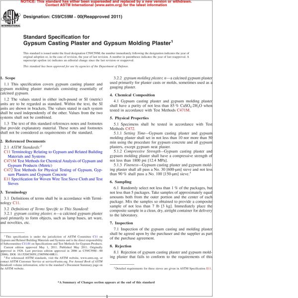 ASTM C59/C59M—00 (2011) Standard Specification for Gypsum Casting ...