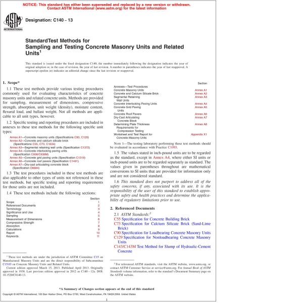 ASTM C140—13 Standard Test Method Sampling and Testing Concrete Masonry ...