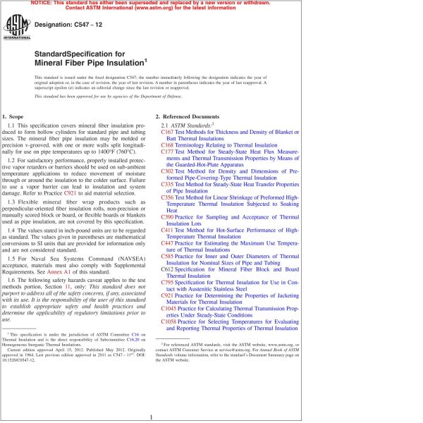 ASTM C547—12 Specification for Mineral Fiber Pipe Insulation (PDF Download)