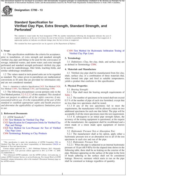 ASTM C700—13 Standard Specification for Vitrified Clay Pipe, Extra ...