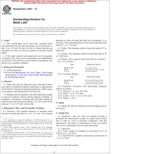 ASTM C847—12 Standard Specification for Metal Lath (PDF Download)