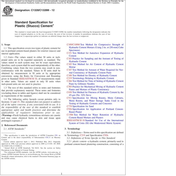 ASTM C1328/C1328M—12 Standard Specification for Plastic (Stucco) Cement ...