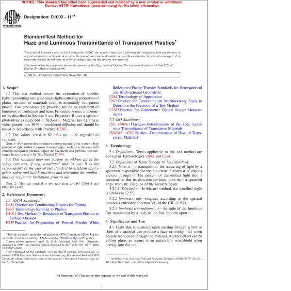 ASTM D1003—11e1 Standard Test Method for Haze and Luminous ...