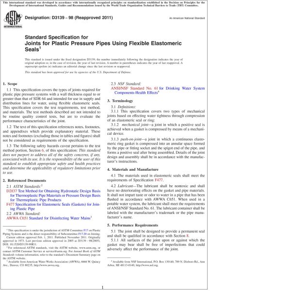 ASTM D3139—98(2011) Standard Specification for Joints for Plastic ...