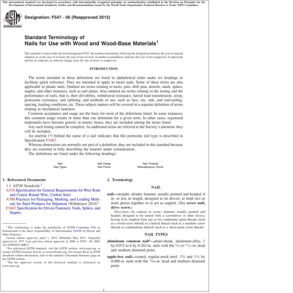 ASTM F547—06(2012) Terminology of Nails for Use with Wood and Wood ...