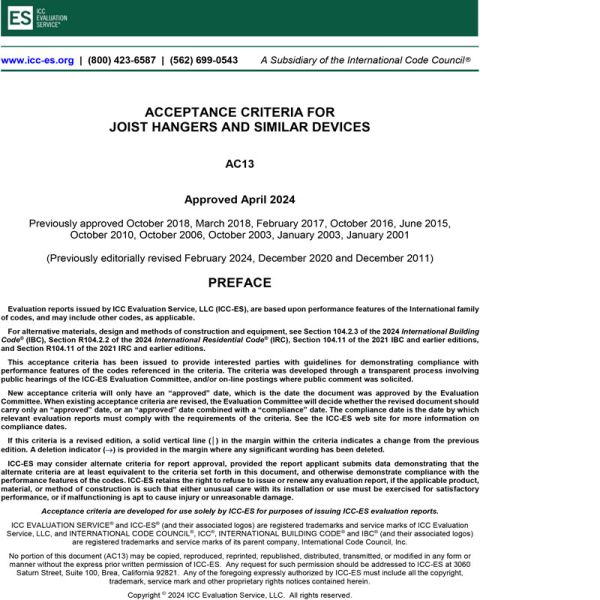 AC13 Joist Hangers and Similar Devices - Approved April 2024 (PDF Download)