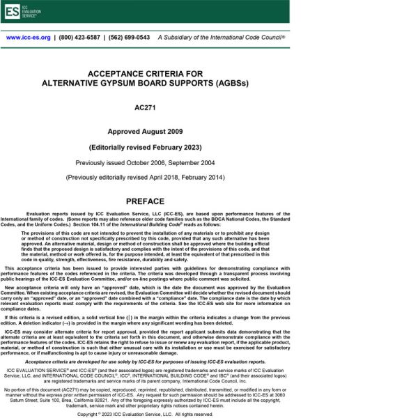 AC271 Alternative Gypsum Board Supports (AGBSs)—Approved August 2009 ...